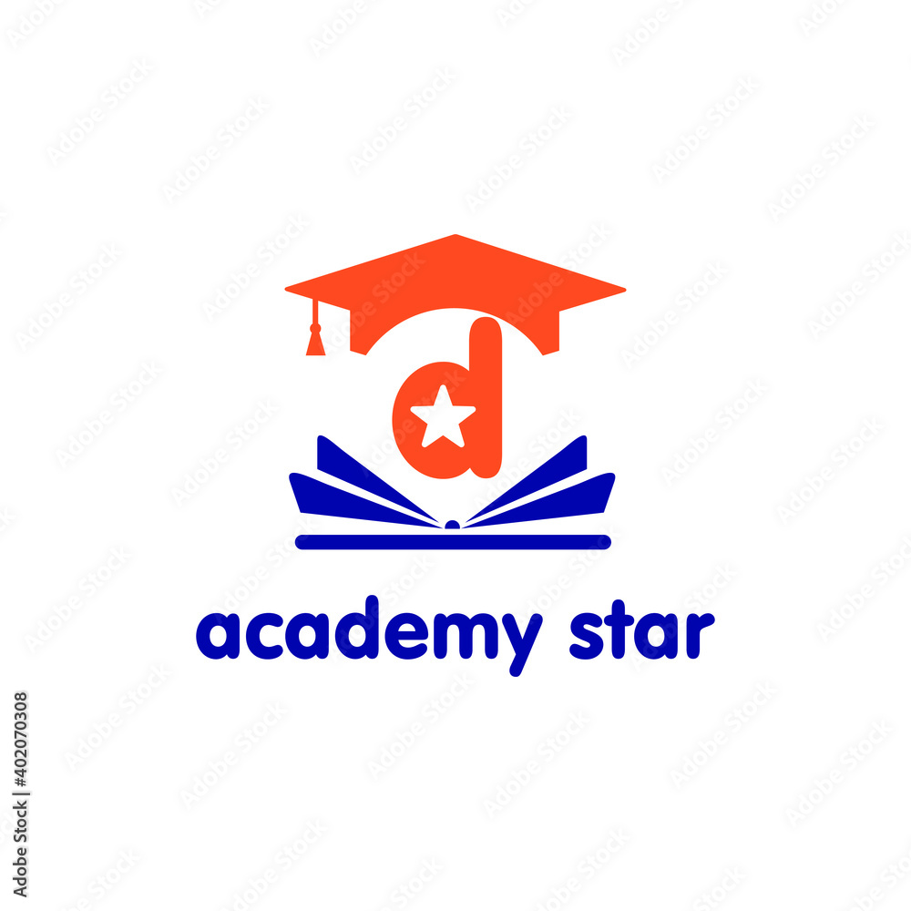 Education and academy letter d logo concept with opened book, star, and ...