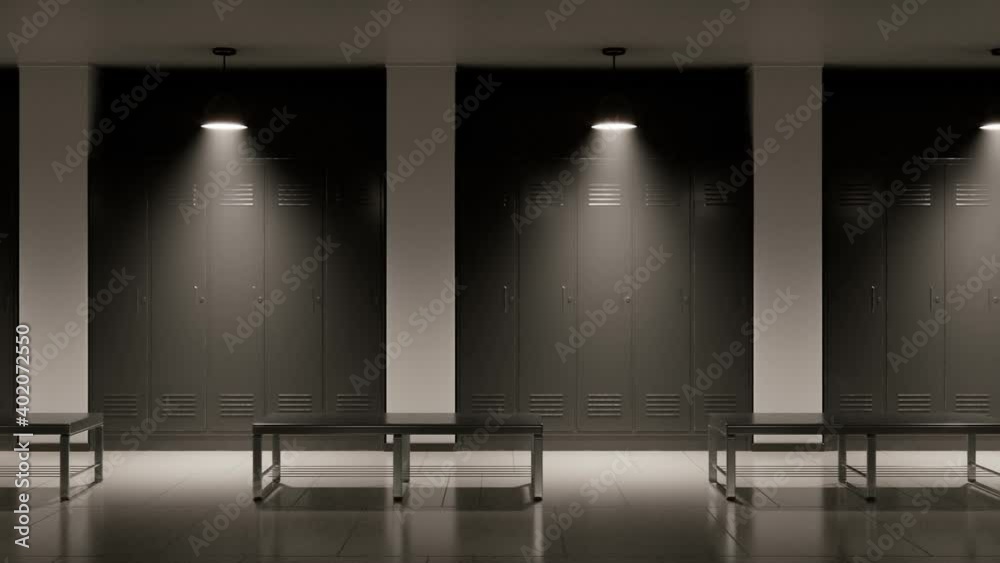 Empty changing room in school. Dressing room with grey lockers and ...