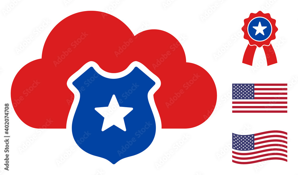 Cloud shield icon in blue and red colors with stars. Cloud shield ...