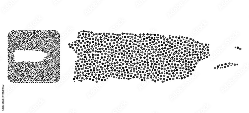 Map of Puerto Rico collage composed with spheric items and stencil ...