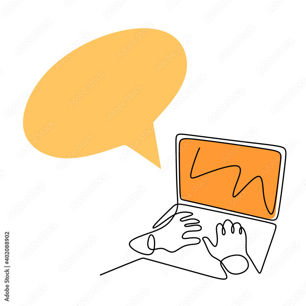 Continuous one line drawing of hand typing on laptop keyboard. A people ...
