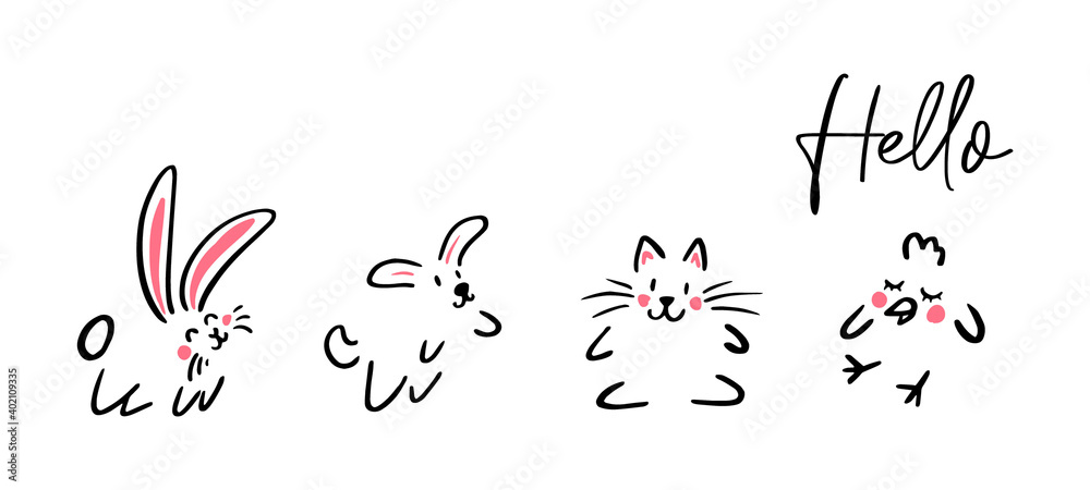 Bunny cat dog doodle line sketch. Thin line icon, vector illustration ...