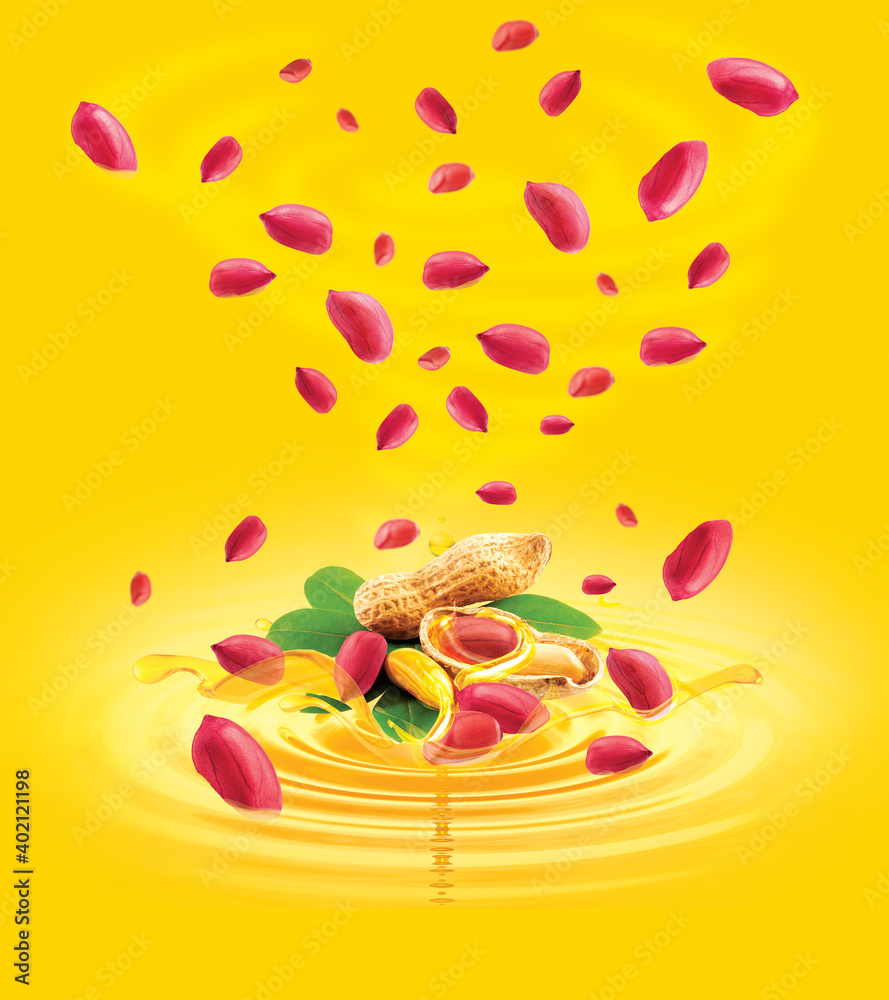 Peanut falling into groundnut oil. 3D look high-resolution illustration ...