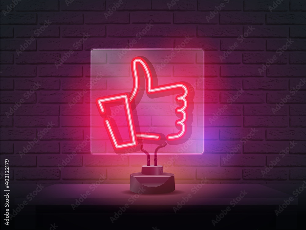 Red Neon Like or Thumbs Up symbol on brick wall background, vector ...