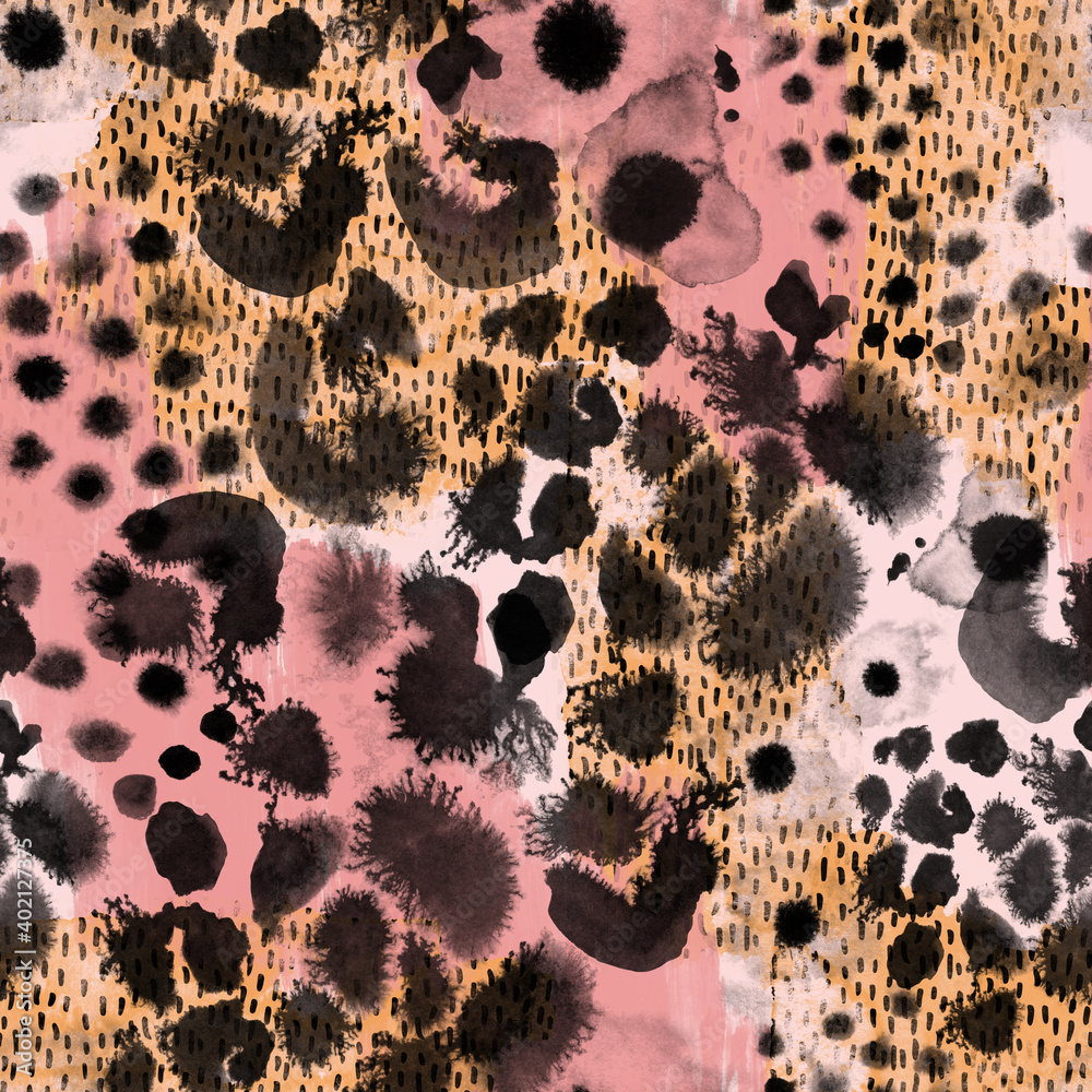 Animal skin seamless pattern. Ink brush stroke spots, blots, splatter ...