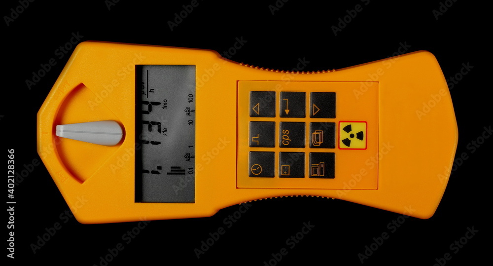 Geiger counter, radiation detection device isolated on black background ...