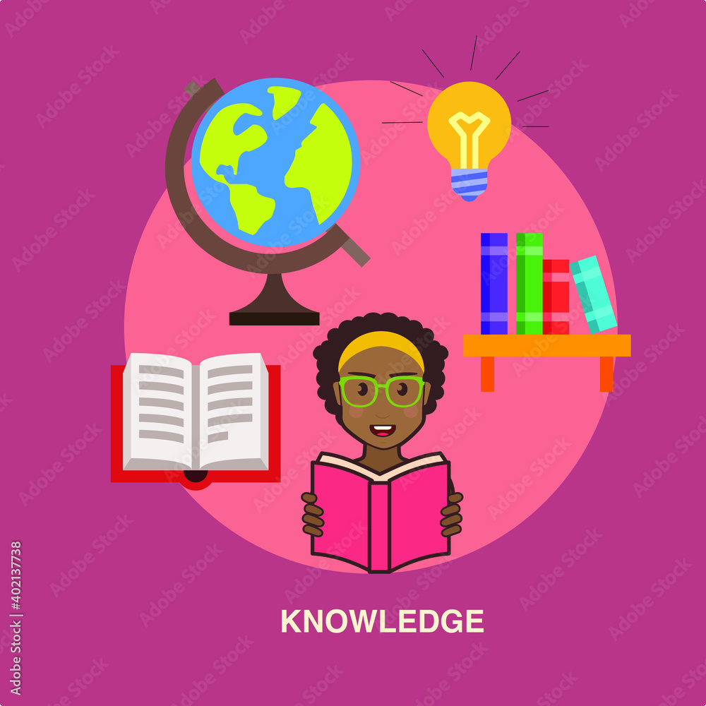 Knowledge flat concept icon design with globe world map books girl ...