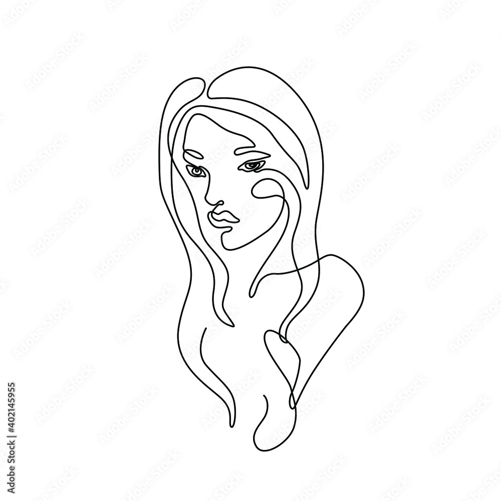 Beautiful girls silhouette, print for clothes, t-shirt, emblem or logo design, continuous line ...
