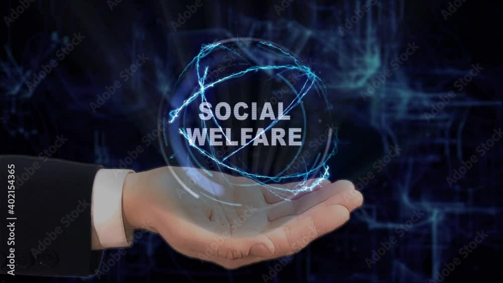 Painted hand shows concept text Social welfare hologram on his hand ...
