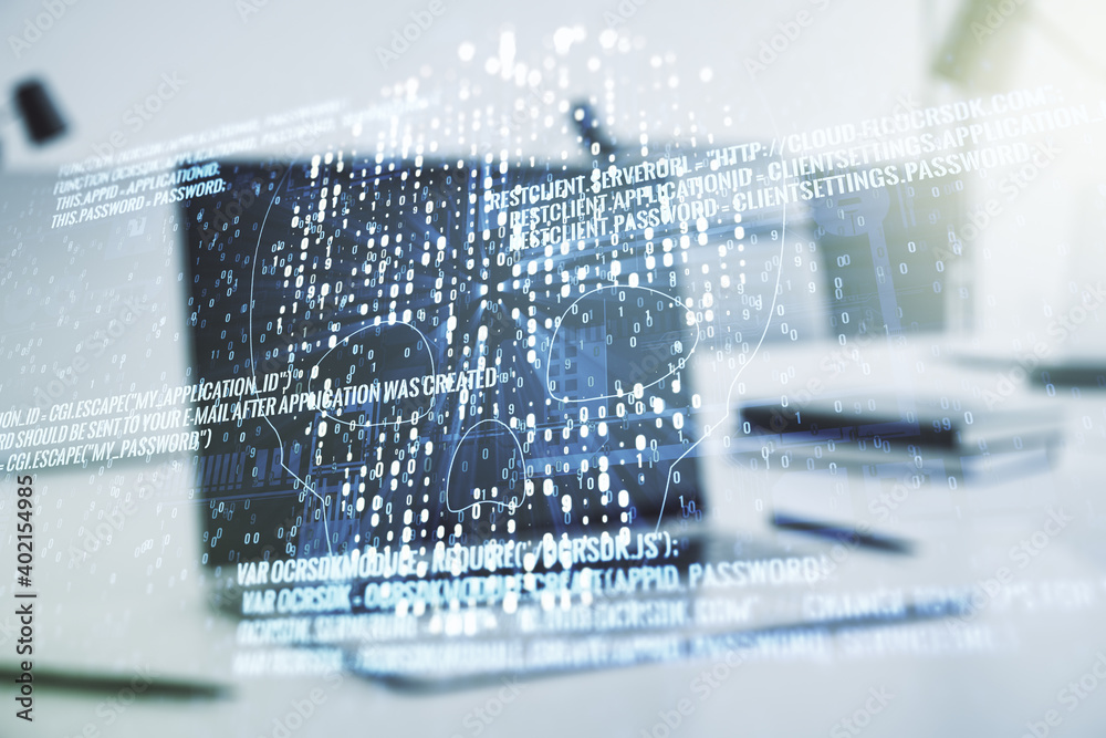 Creative code skull sketch on modern laptop background, theft of ...