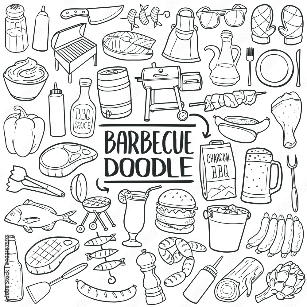 Barbecue Food doodle icon set. BBQ Vector illustration collection ...