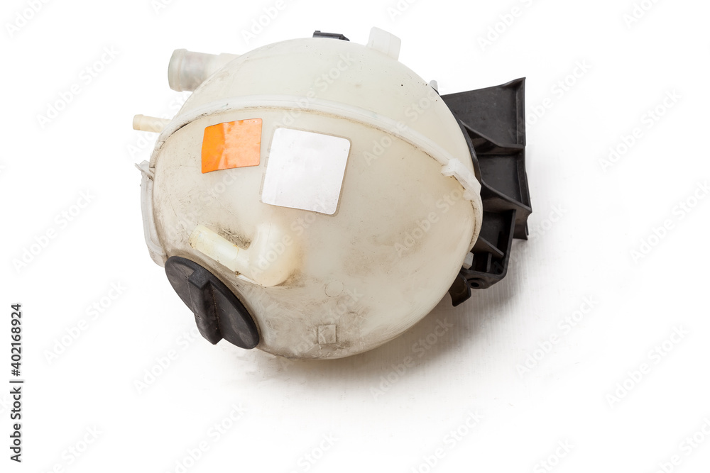 Coolant expansion tank white on an isolated background with black ...