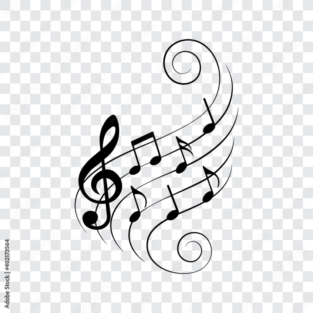 Music notes on wavy lines with swirls, vector illustration. Stock ...