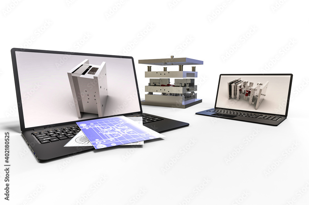 3D render image representing CAD development process plastic mold ...
