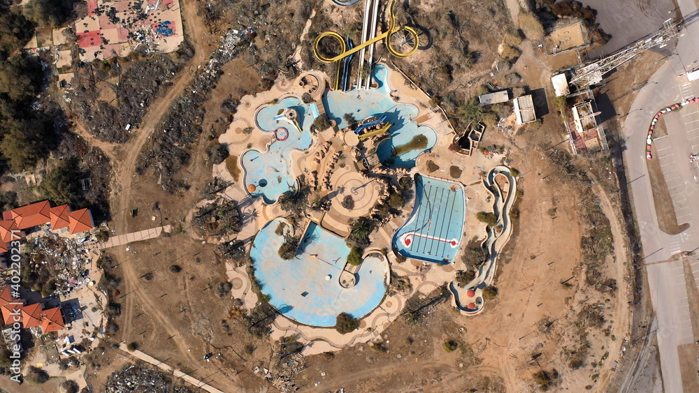 Closed Abandoned water park Aerial view, Dead sea, Israel apocalyptic ...