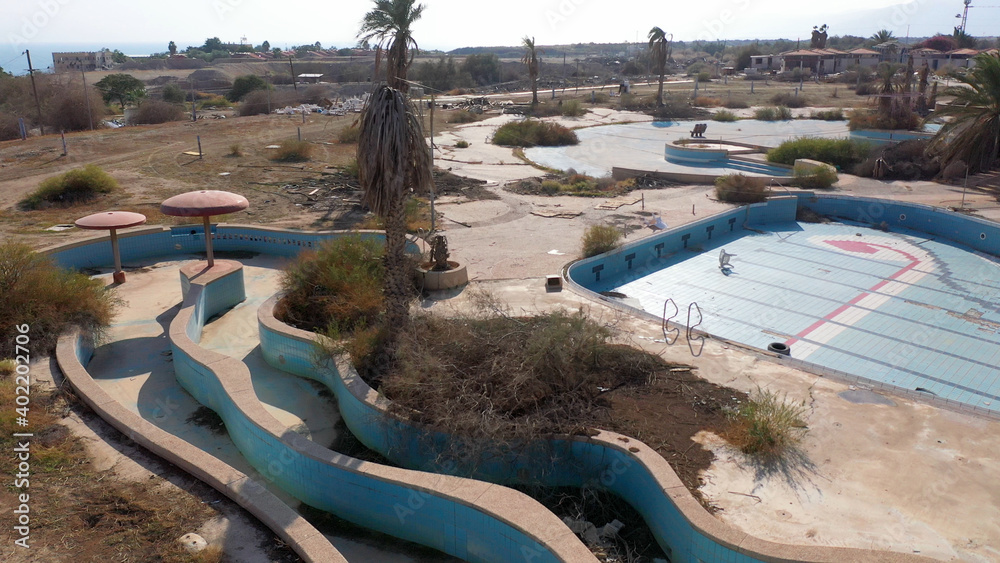 Closed Abandoned water park Aerial view, Dead sea, Israel apocalyptic ...