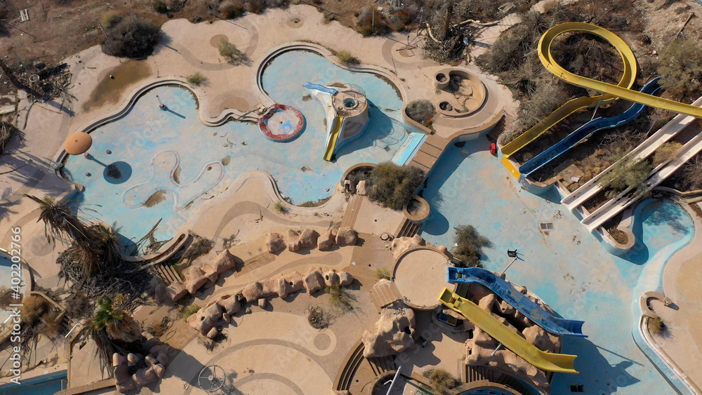 Closed Abandoned water park Aerial view, Dead sea, Israel apocalyptic ...