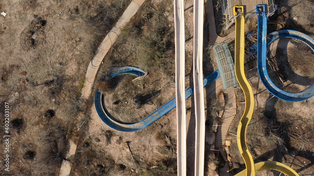 Closed Abandoned water park Aerial view, Dead sea, Israel apocalyptic ...