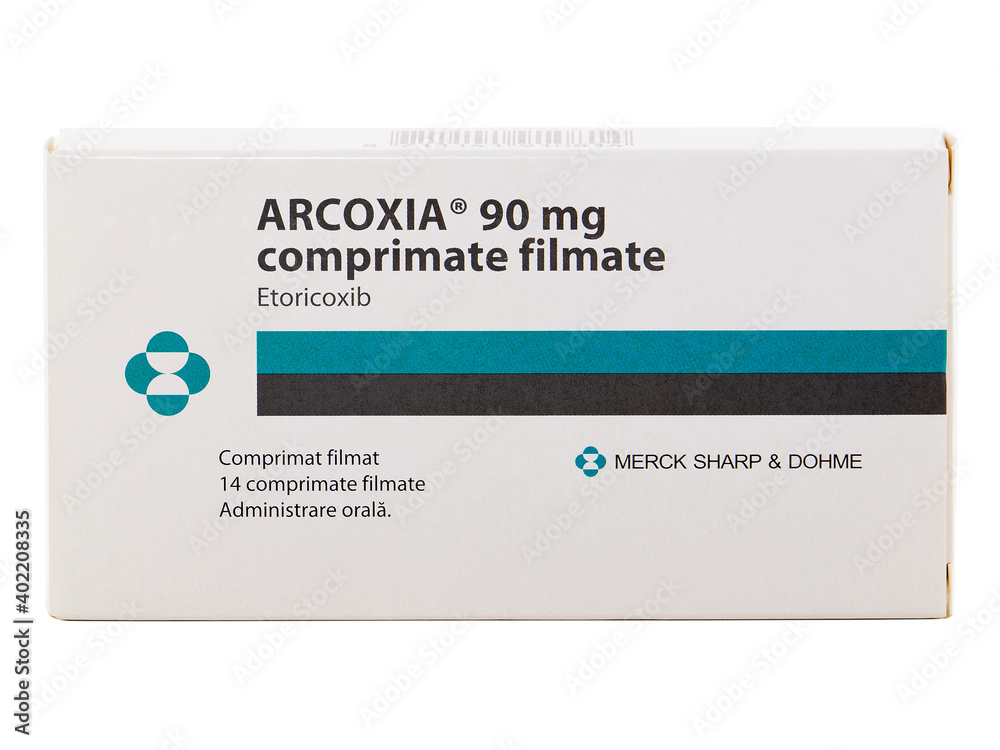 BUCHAREST, ROMANIA - MARCH 27, 2016. Arcoxia 90 mg, film coated tablets ...
