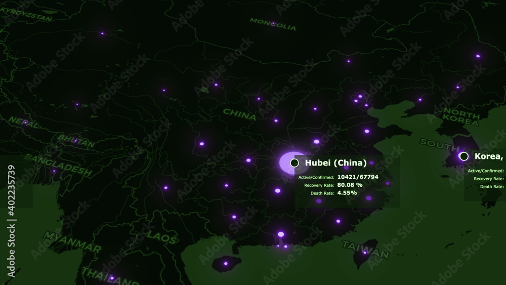 Covid 19 pandemic alert purple tablet on futuristic world map with ...