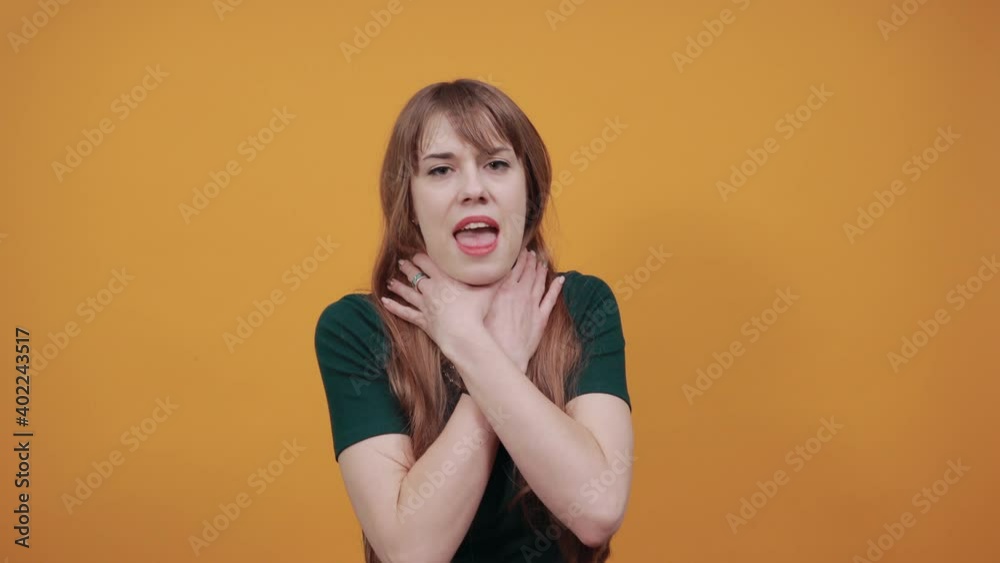Hands around throat, screaming, panicking in trouble as chokes on food ...
