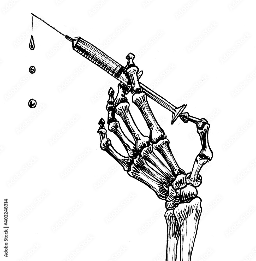 Skeleton hand with a syringe full of drug. Ink black and white drawing ...