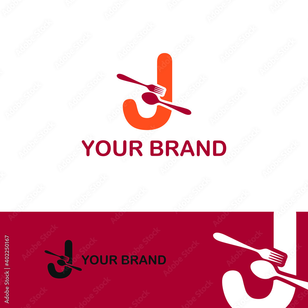 Initial letter J with spoon and fork for restaurant, catering, canteen ...