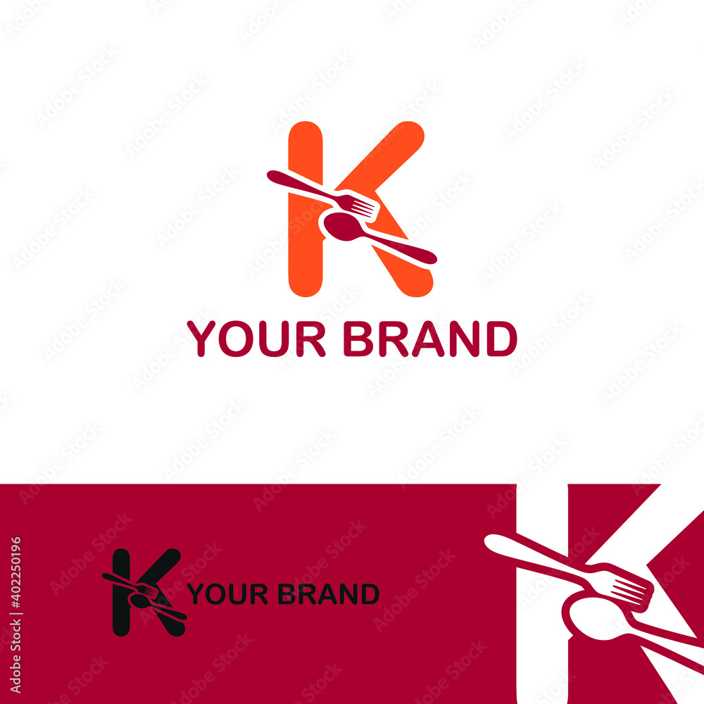 Initial letter K with spoon and fork for restaurant, catering, canteen ...