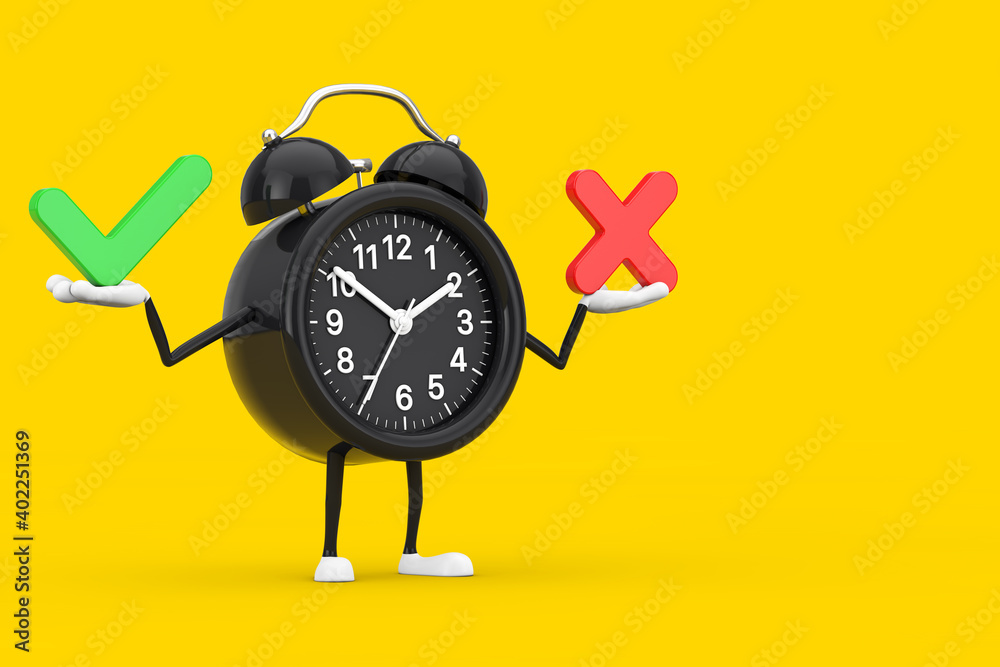 Alarm Clock Character Mascot with Red Cross and Green Check Mark ...