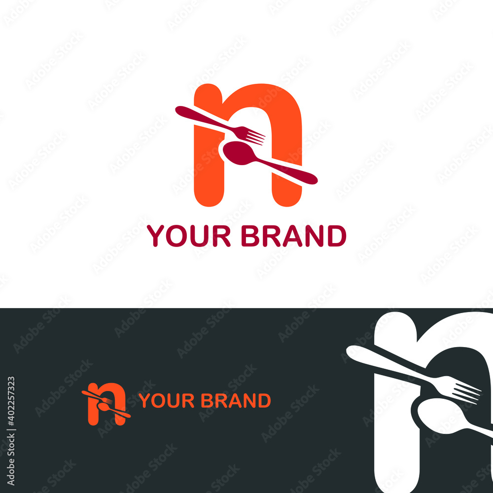 Initial letter n with spoon and fork for restaurant, catering, canteen ...