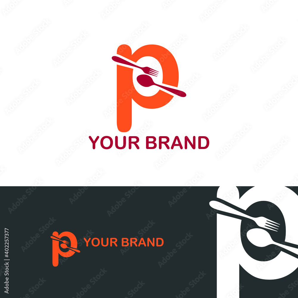 Initial letter p with spoon and fork for restaurant, catering, canteen ...