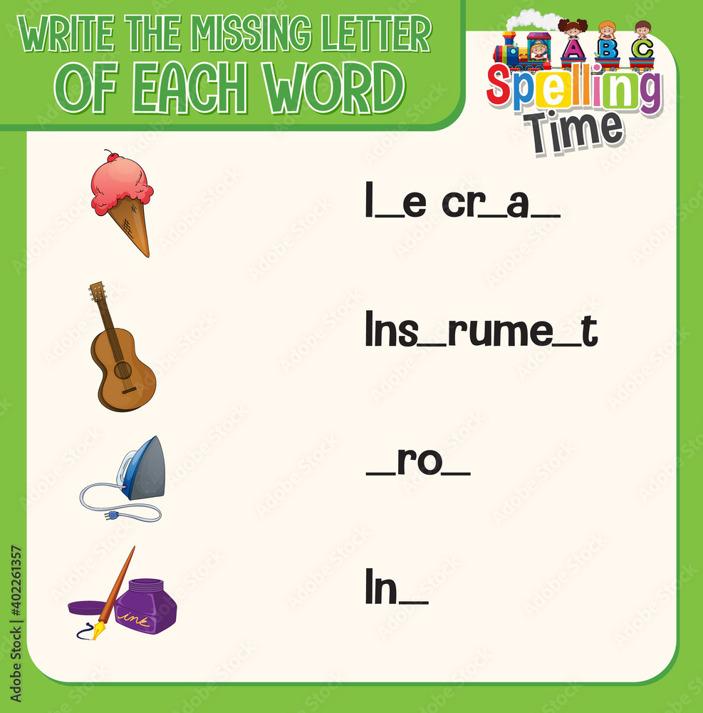 Write the missing letter of each word worksheet for children Stock ...