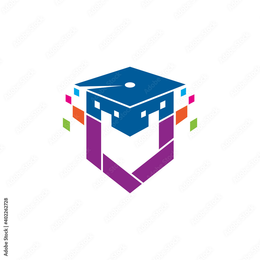 Virtual education logo. Letter V with toga hat and pixel shape logo ...