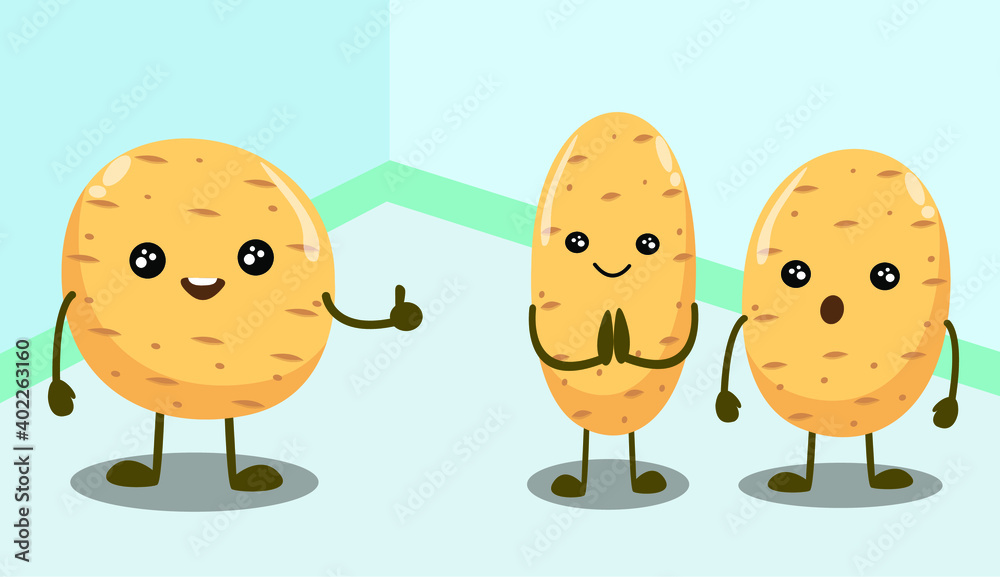 vector illustration of cute and kawaii potato cartoon characters. greet ...