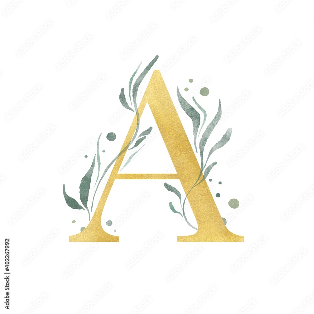 Golden letter A with watercolor elements illustration. Isolated white ...