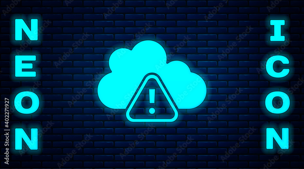 Glowing neon Storm warning icon isolated on brick wall background ...
