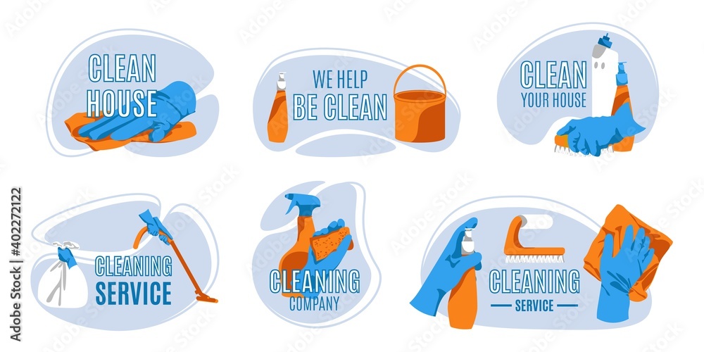Cleaning company logo set. House clean emblems, hand in glove with ...