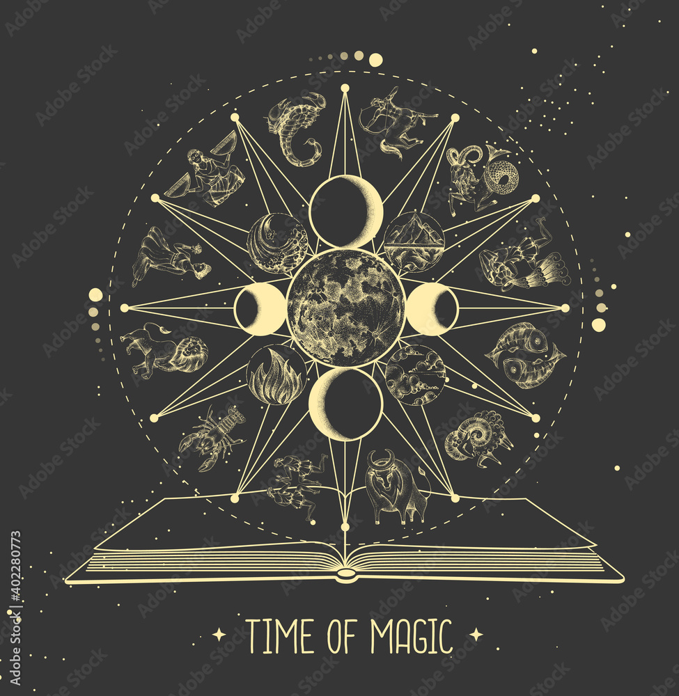 Modern magic witchcraft Astrology wheel with zodiac signs and open ...