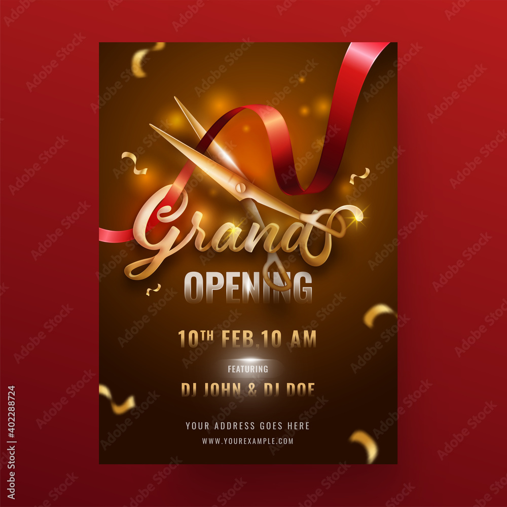 Grand Opening Flyer Design With Golden Scissors Cutting Ribbon And ...
