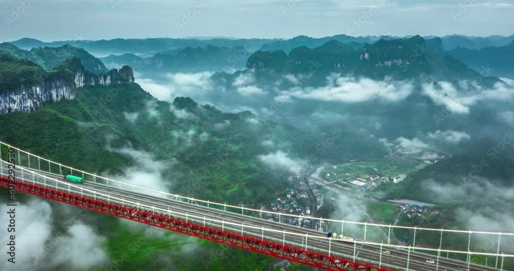 Timelapse Aerial view of Aizhai Bridge in a cloudy day, suspension ...