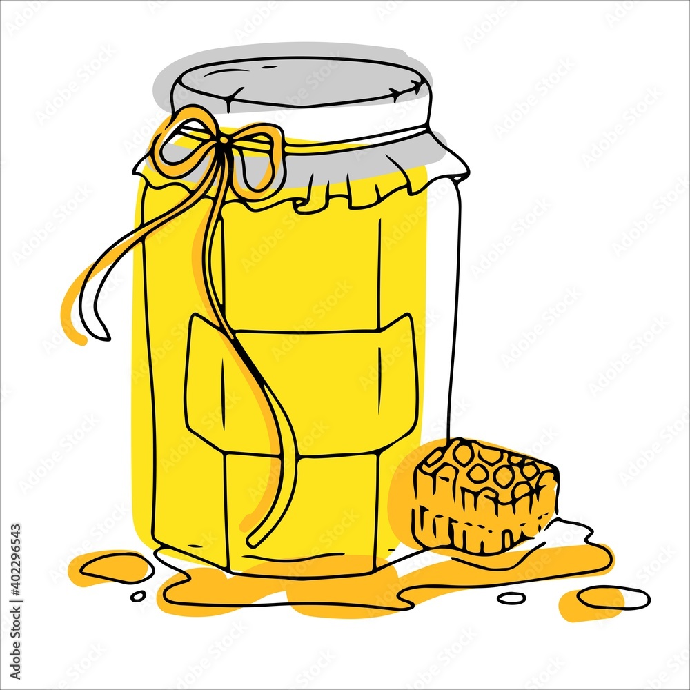 honey in a jar hand-drawn in the style of doodle. yellow and gray ...