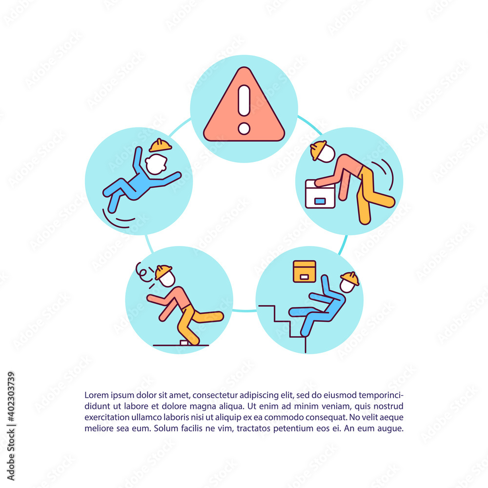 Accidents in warehouse precaution concept icon with text. Slip, trip ...