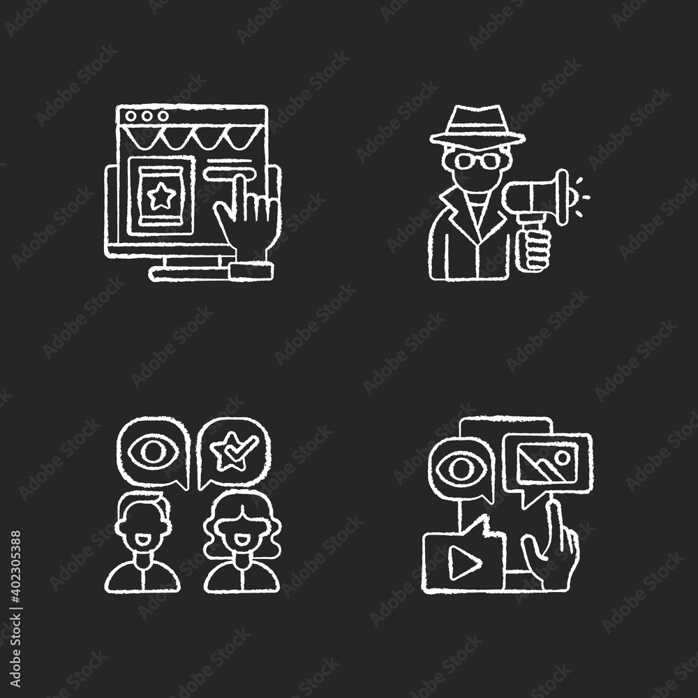 Marketing strategies chalk white icons set on black background. CTA ...