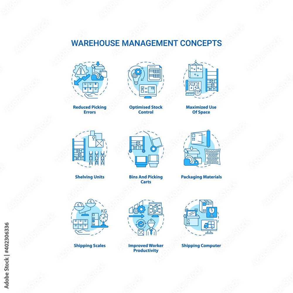 Warehouse management concept icons set. Reduce errors. Optimise stock ...