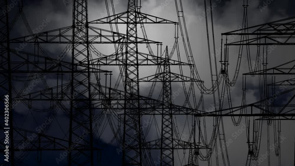 Electricity: High voltage power lines by Night with Crescent Moon and ...