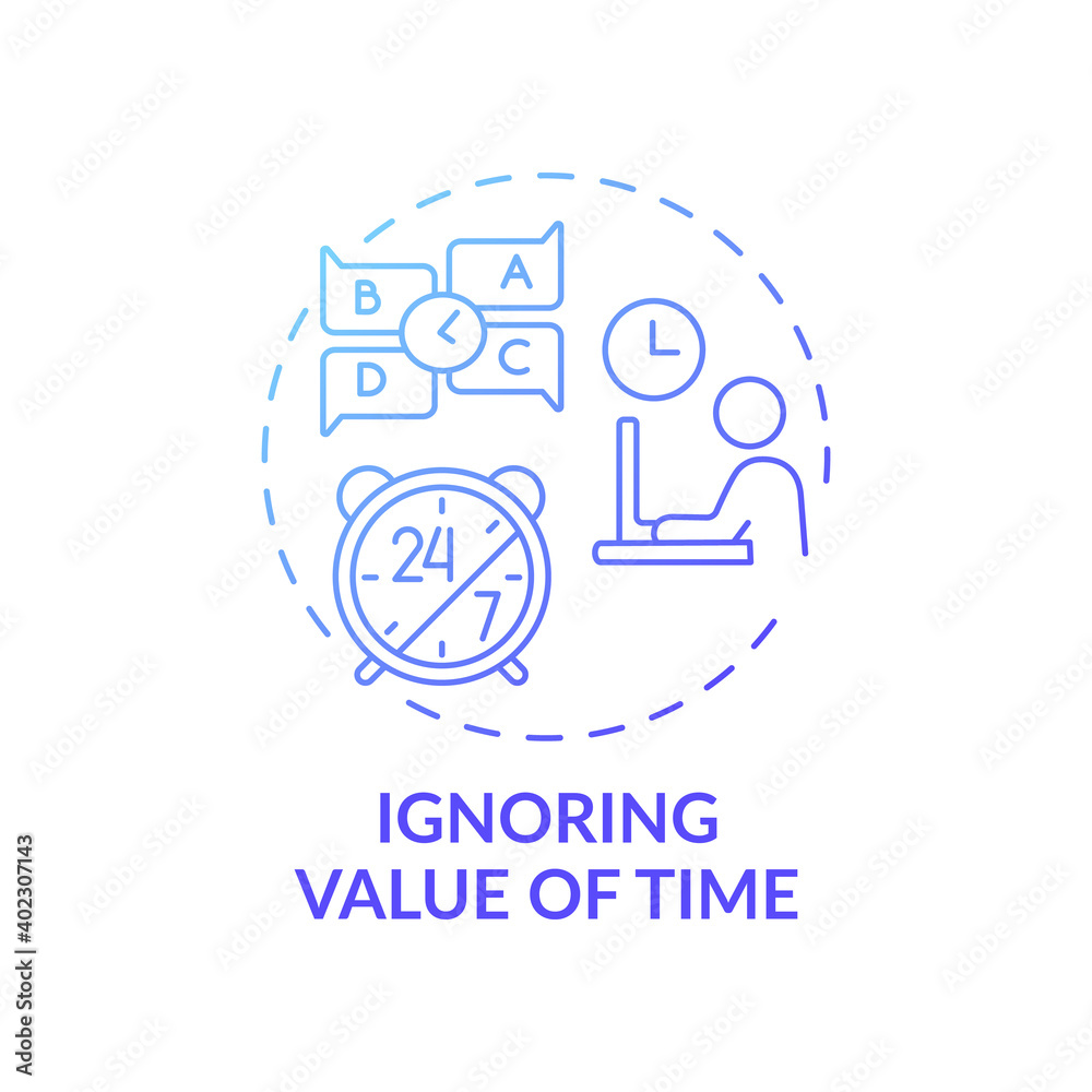 Ignoring time value concept icon. Time-management problem idea thin ...