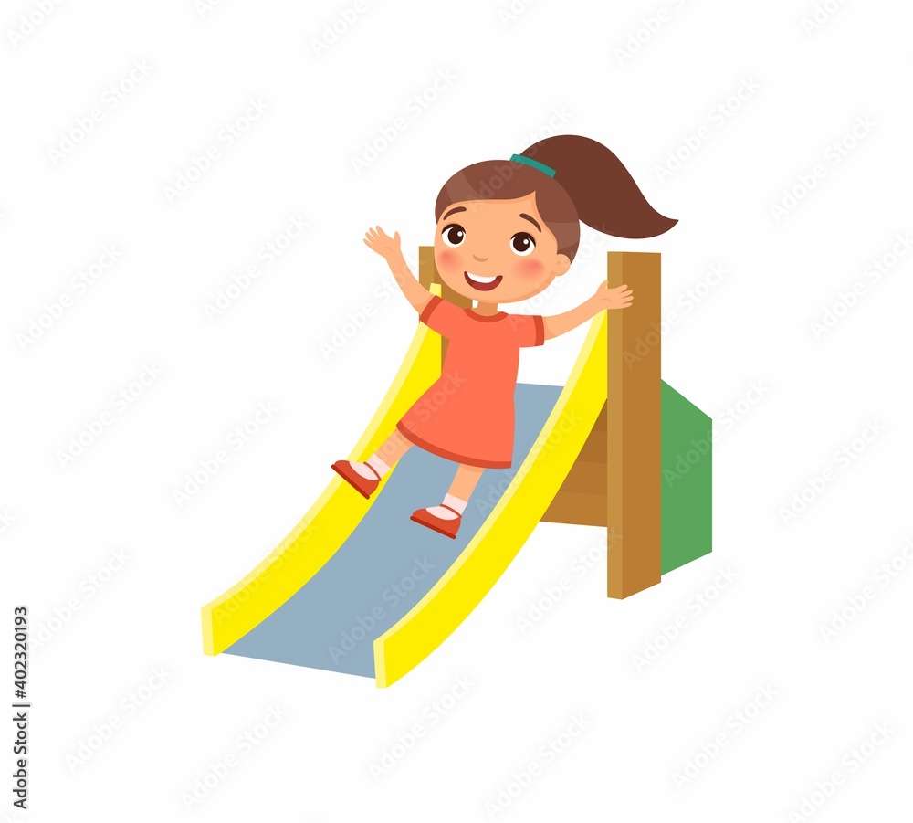 Happy little girl slides off a children's slide. Joyful child, summer ...