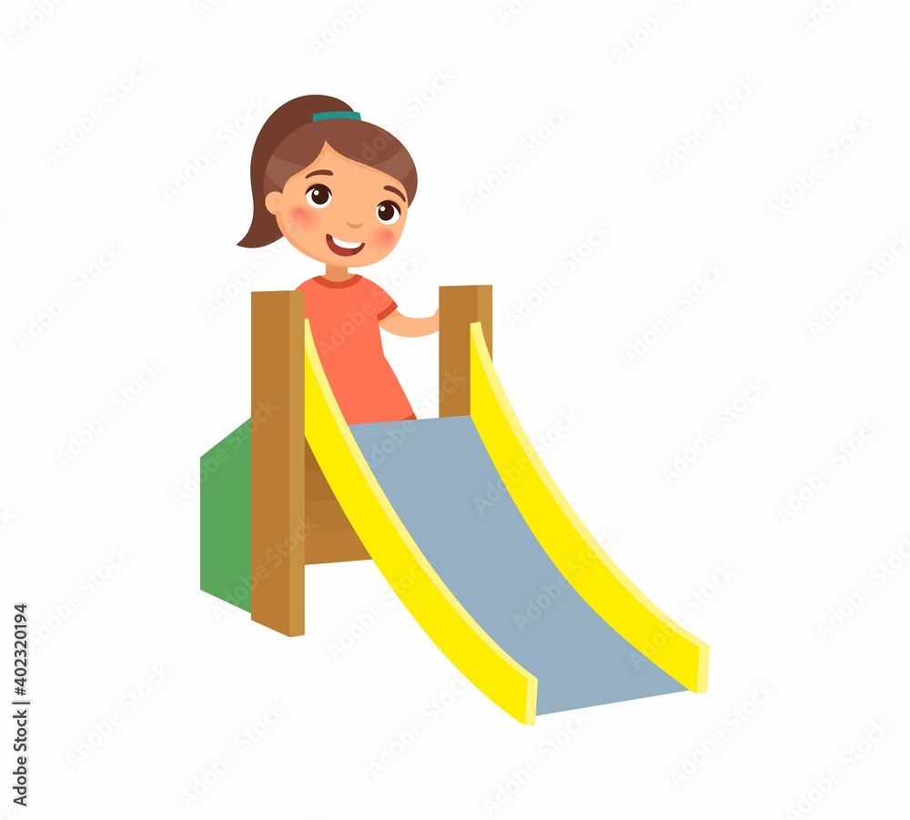 Little girl climbs a children's slide. Joyful child, summer vacation ...