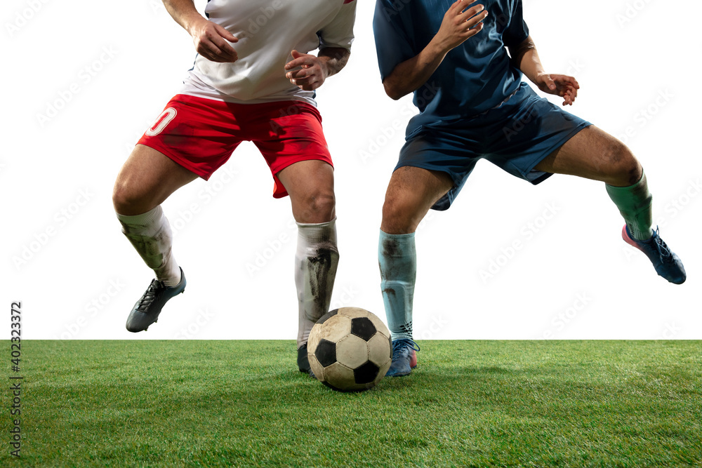 Fighting. Close up legs of professional soccer, football players ...