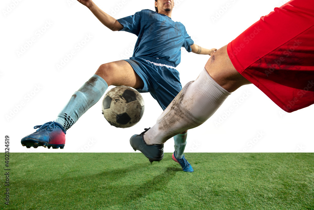 Moment. Close up legs of professional soccer, football players fighting ...